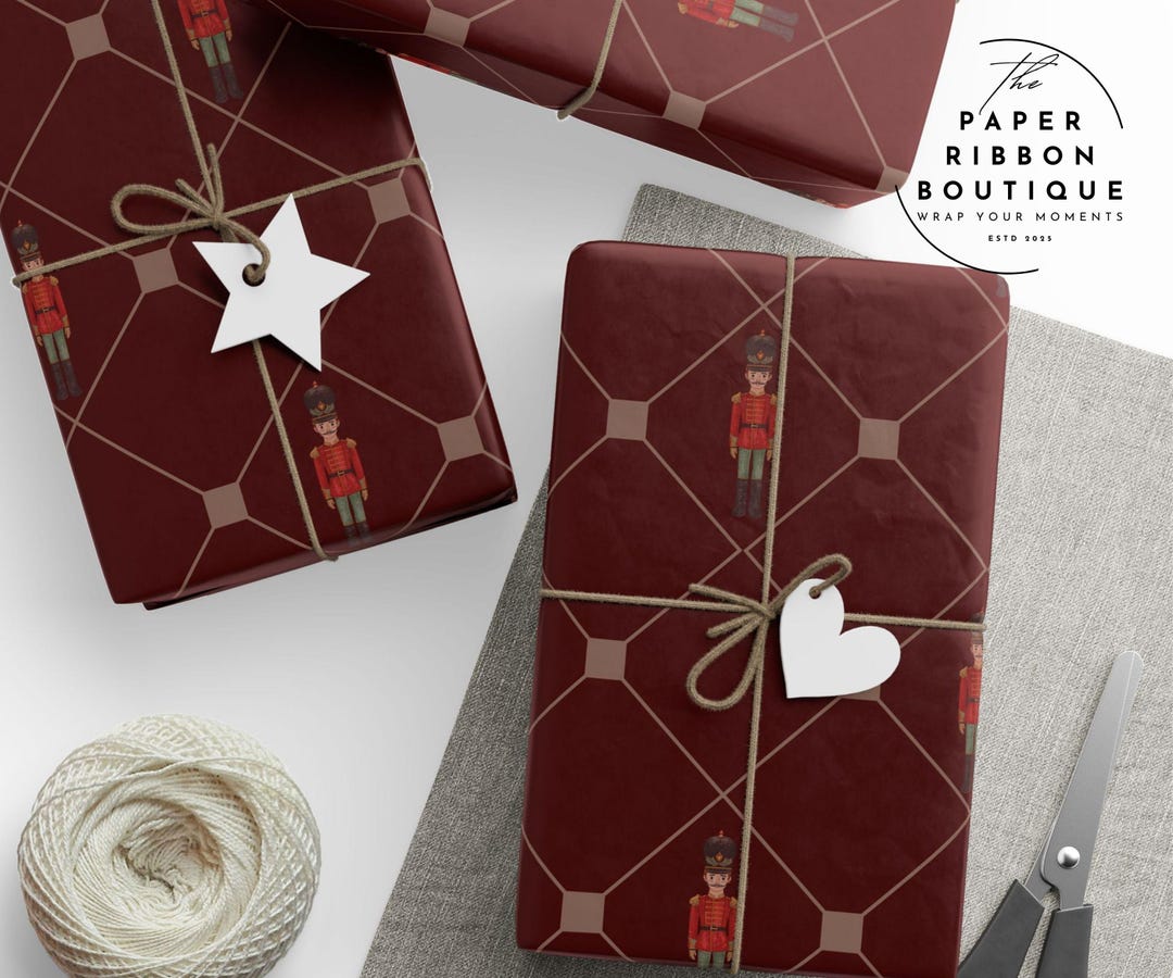 Burgundy Christmas Wrapping Paper: Nutcracker Soldier, Diamond Pattern ...