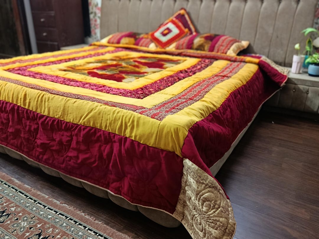 Handmade Pakistani Embroidered Quilt Set – Traditional Ethnic Bedding ...