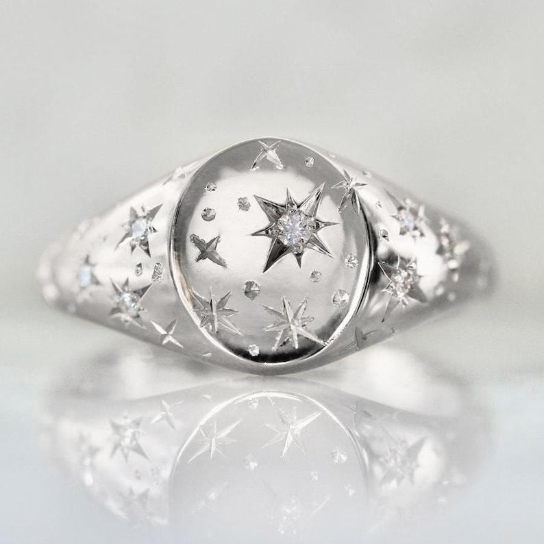 14K Gold Diamond Orion Star Signet Ring, Celestial Jewelry - Etsy
