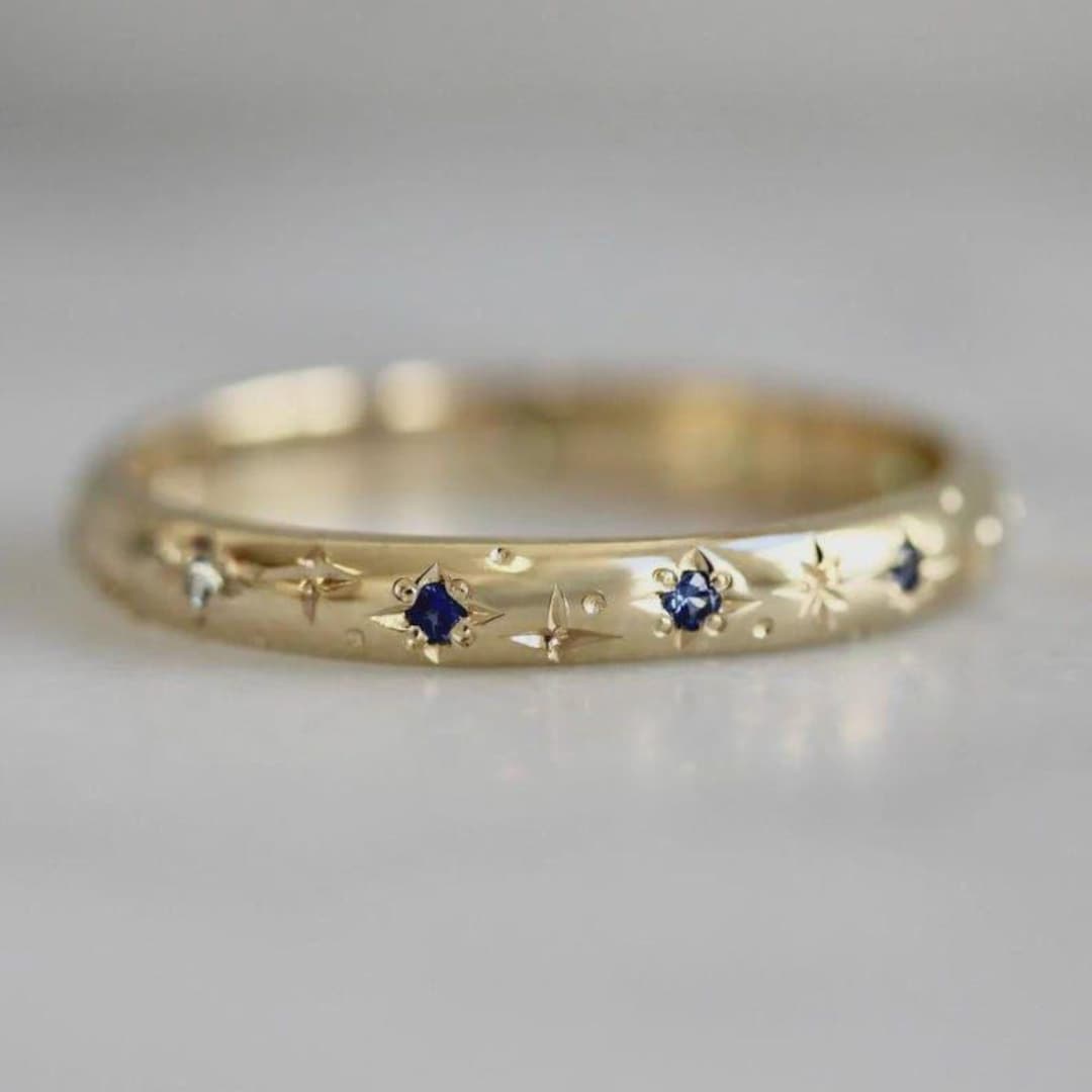 14k Gold Celestial Ring, Hand Engraved Star Gemstone Eternity Band - Etsy