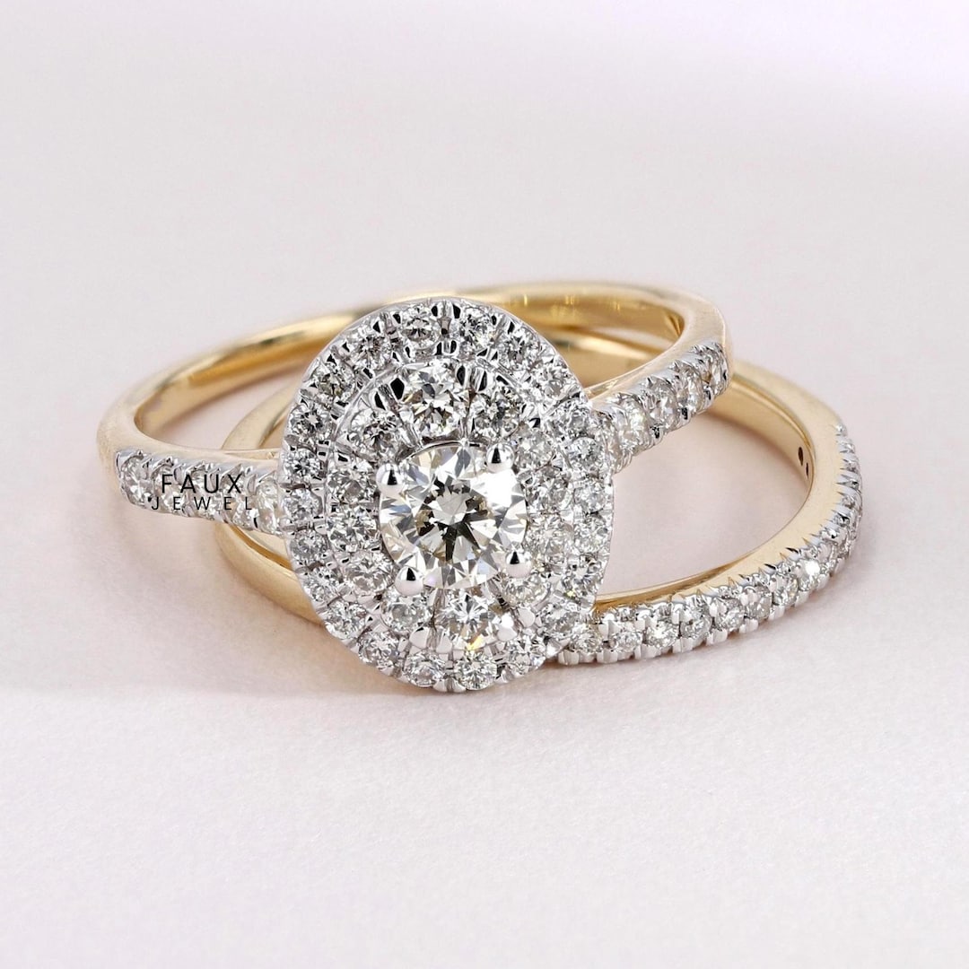 Double Halo Wedding Ring Set, Solitaire Two Metal Engagement Ring Set ...