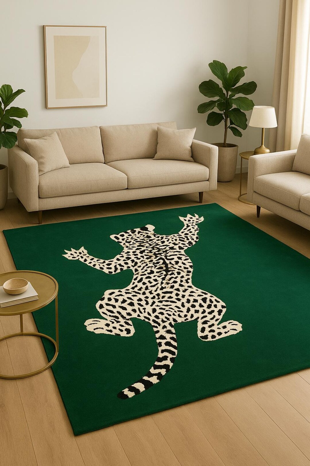 Emerald Green Leopard Area Rug, Modern Animal Print Wool Rug, Bold ...