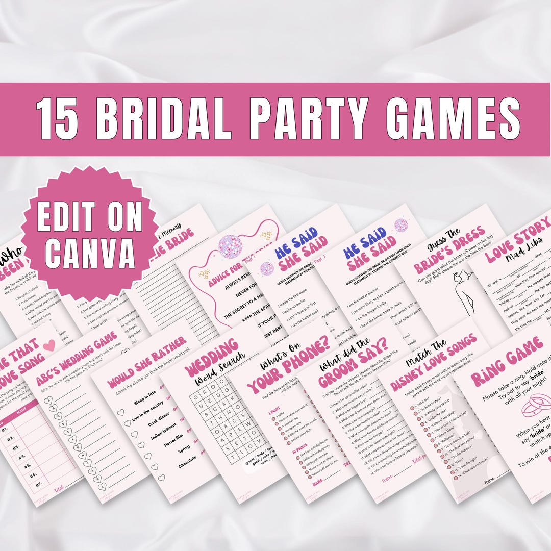 Editable Pink Bachelorette Hen Do Games Bundle, 15 Bridal Shower Games ...
