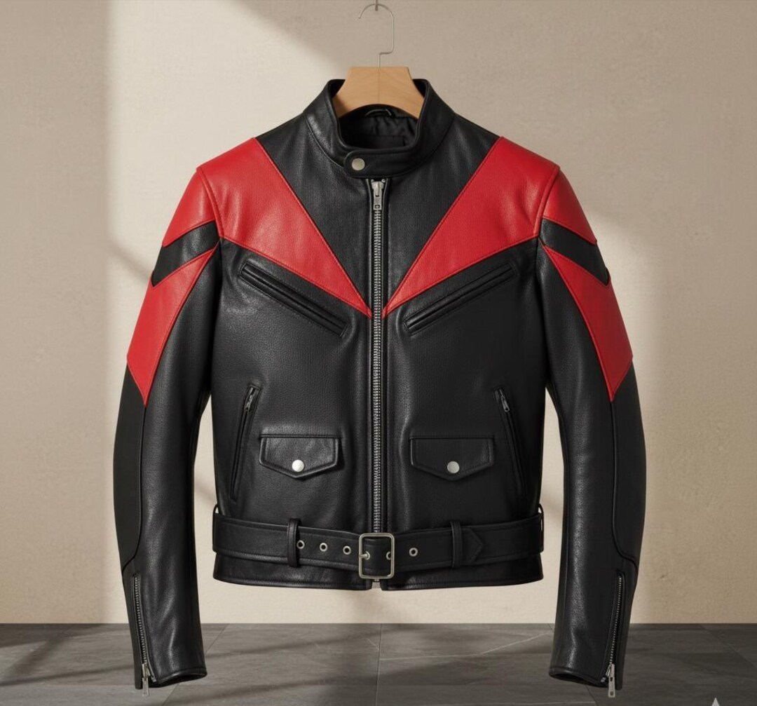 Men's Black & Red Real Leather Motorcycle Biker Jacket | "red Stripe ...