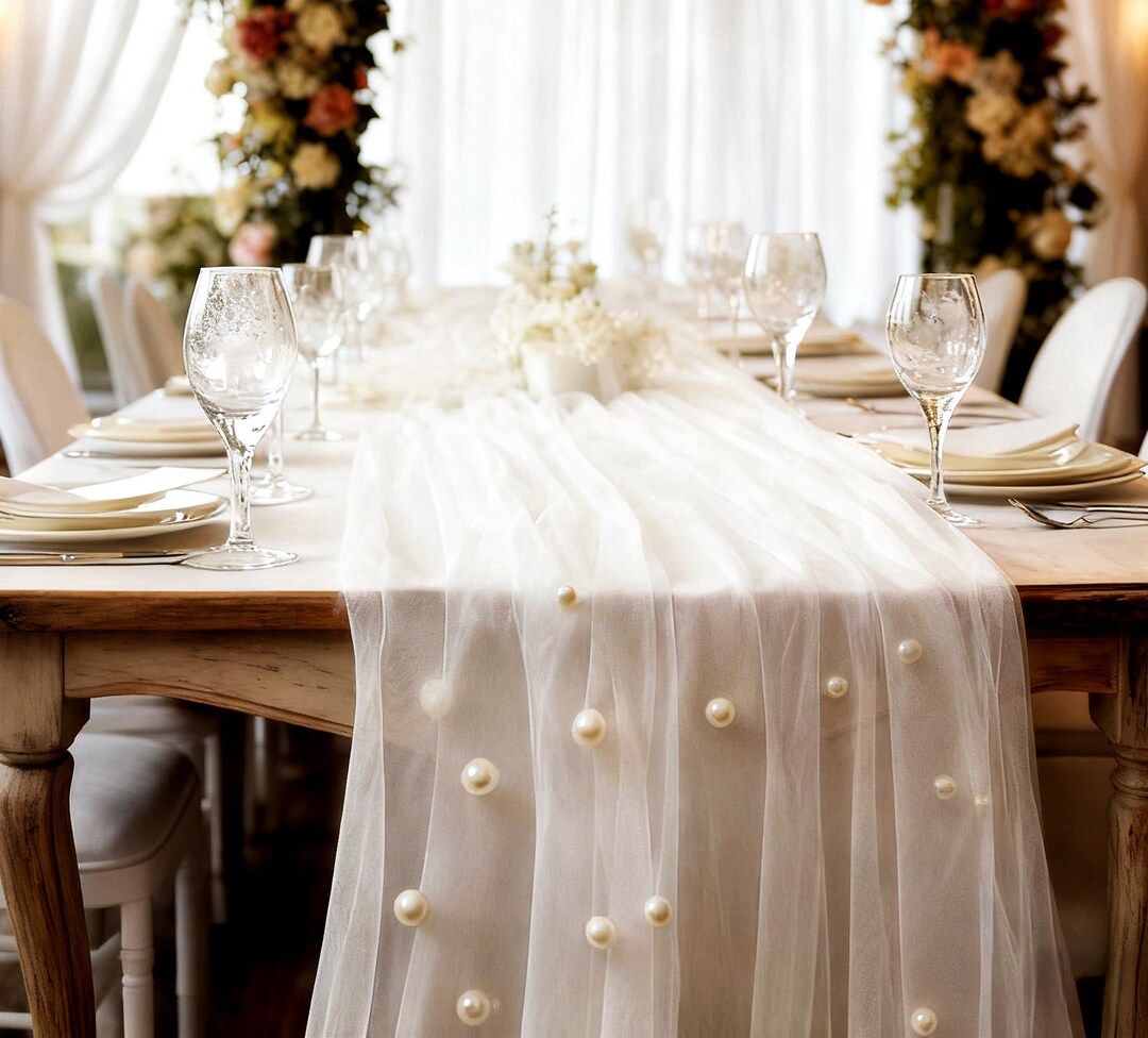 Wedding Pearl Tulle Table Runner, Sheer Tulle With Pearl Beads, Boho ...