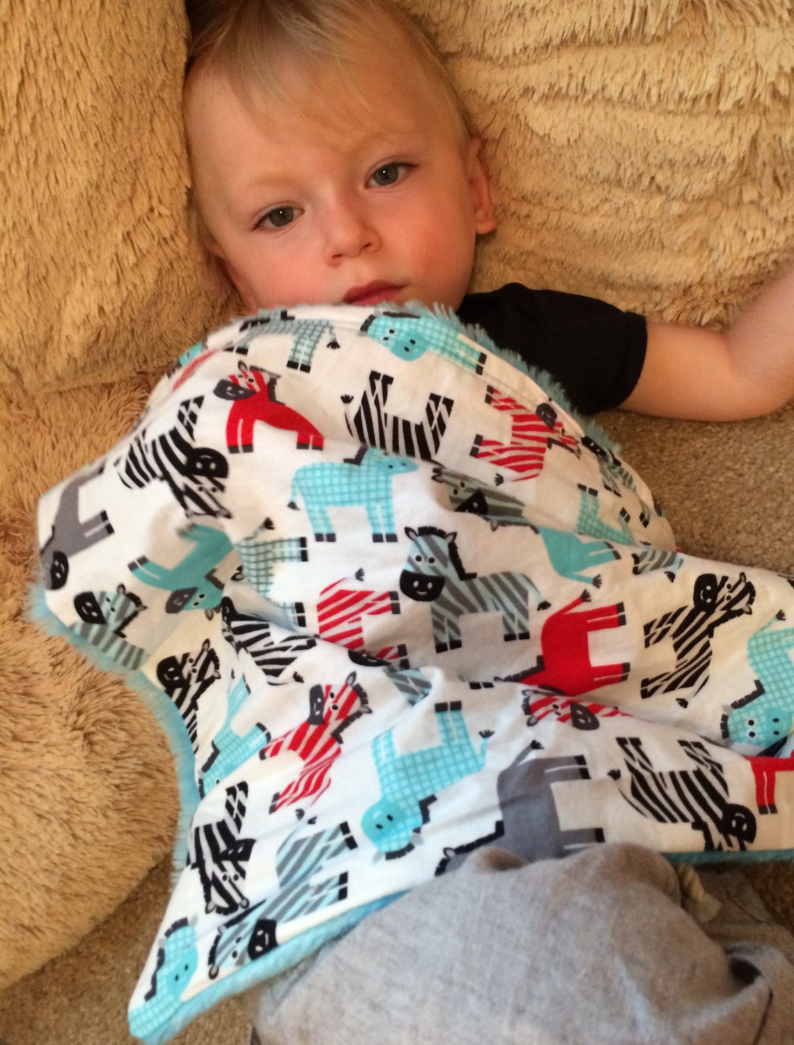 Cute Cotton Zebra Mini Baby Blanket Turquoise Minky: 