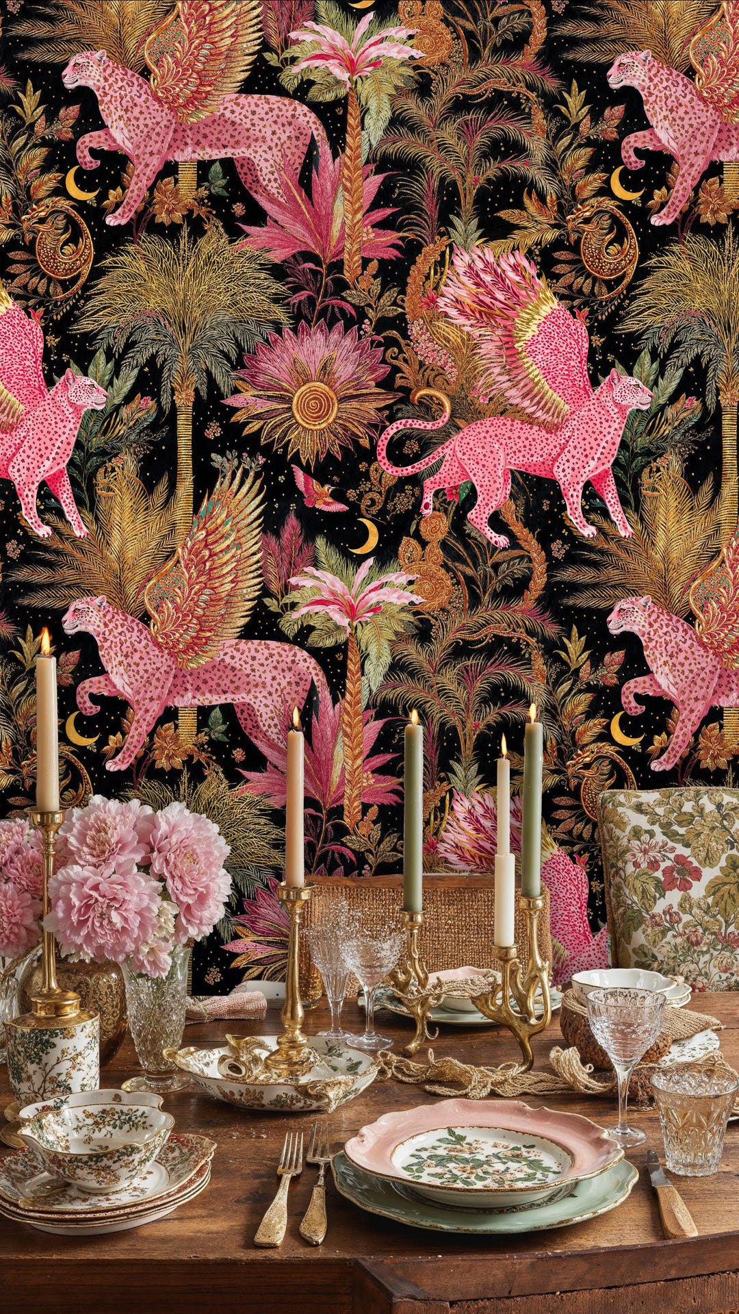 Pink & Gold Winged Leopard Peel and Stick Wallpaper: Dark Jungle ...