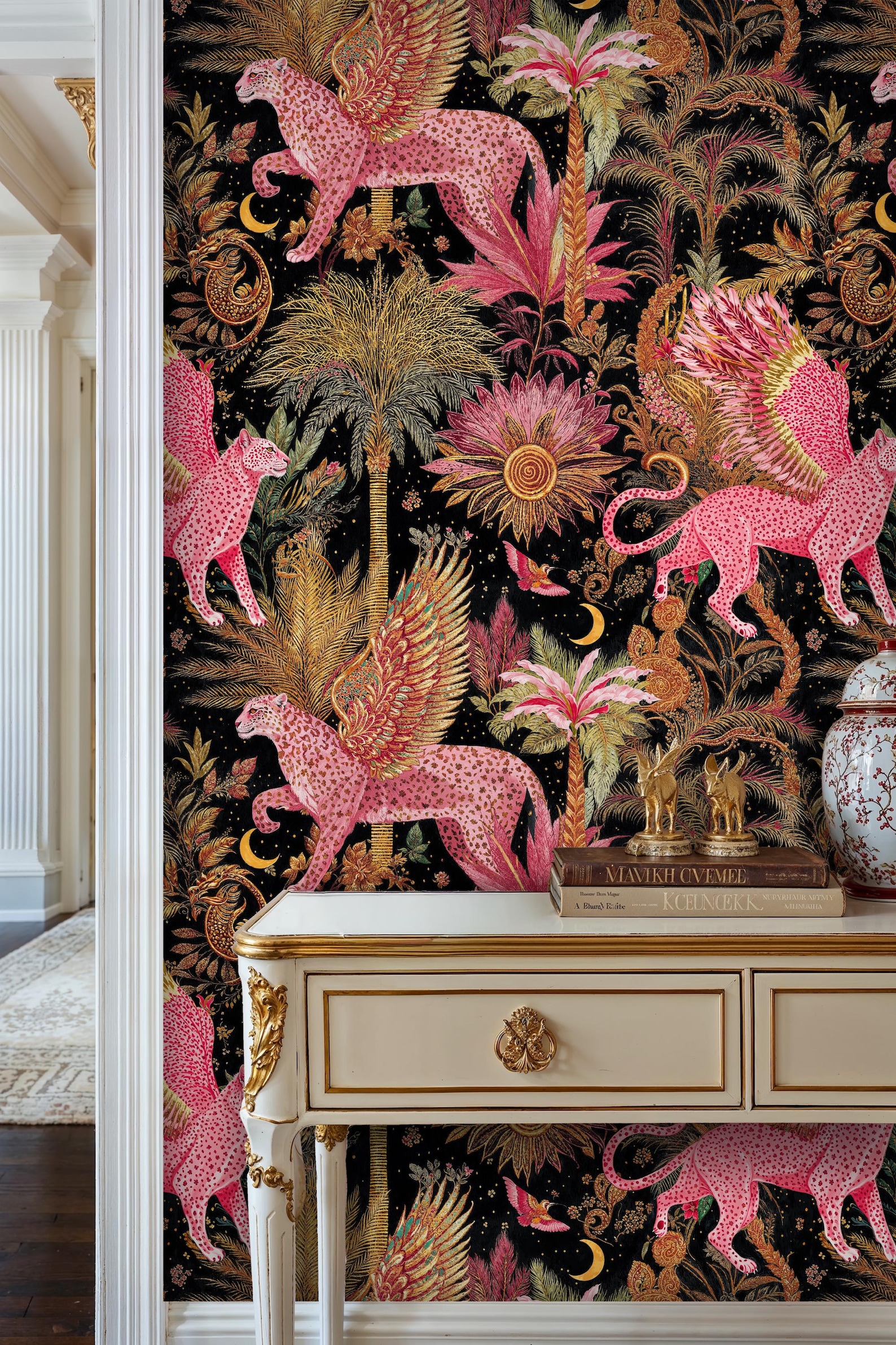 Pink & Gold Winged Leopard Peel and Stick Wallpaper: Dark Jungle ...