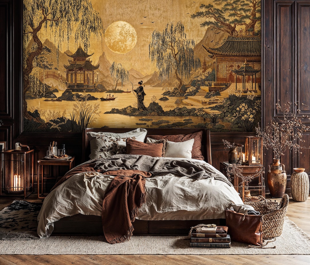 Golden Japanese Landscape Peel and Stick Wallpaper: Oriental Asian ...