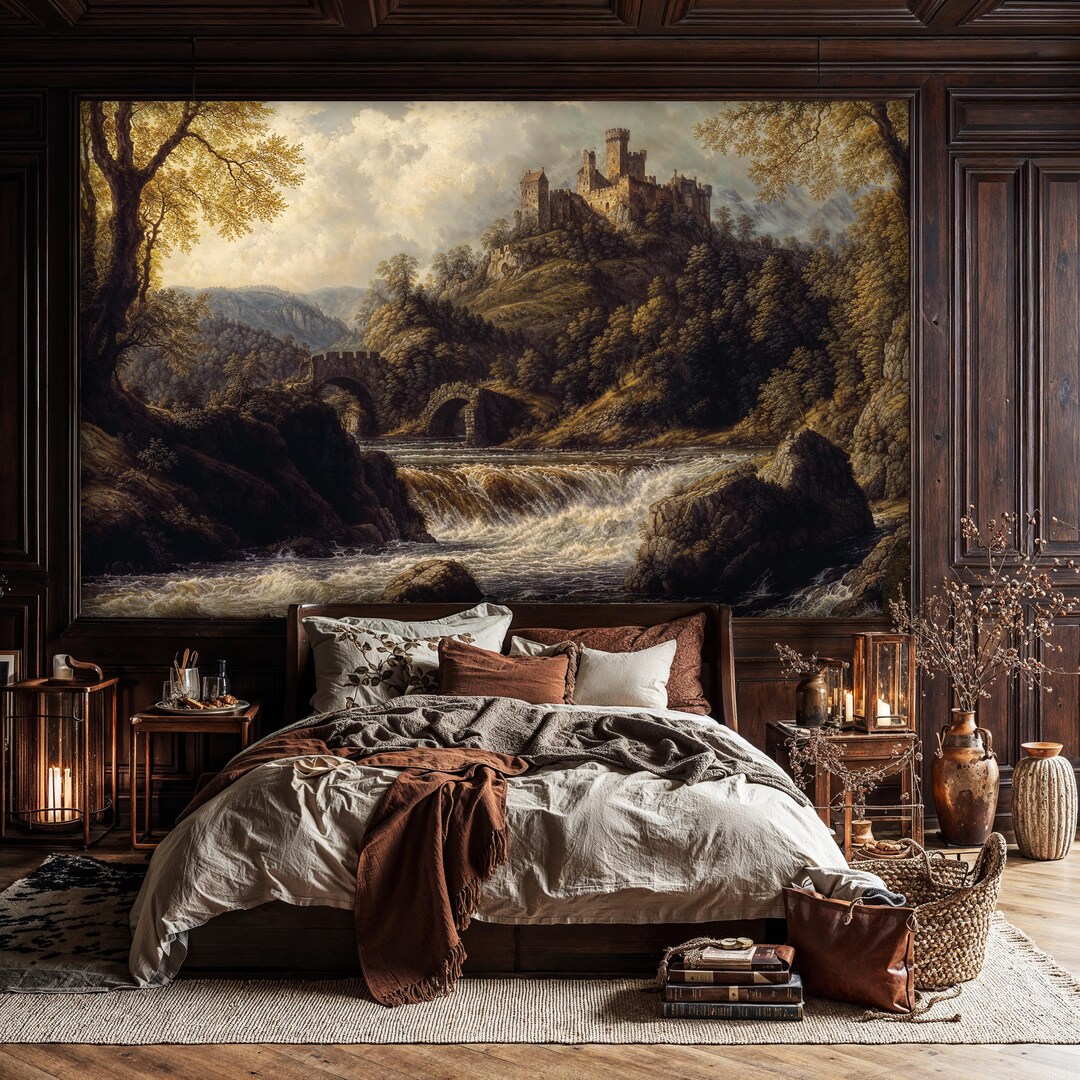 Vintage Castle Landscape Mural - Sepia Tone Peel and Stick Wallpaper - Etsy