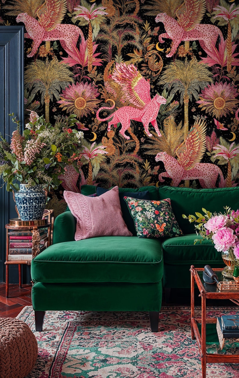 Pink & Gold Winged Leopard Peel and Stick Wallpaper: Dark Jungle ...