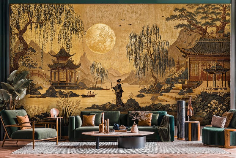 Golden Japanese Landscape Peel and Stick Wallpaper: Oriental Asian ...