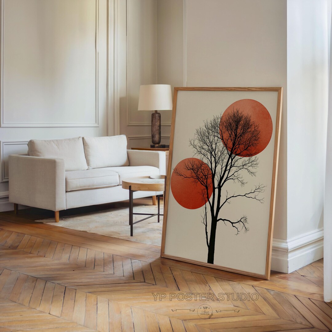 Japandi Tree Art Print, Minimal Red Sun, Nordic Illustration (digital ...