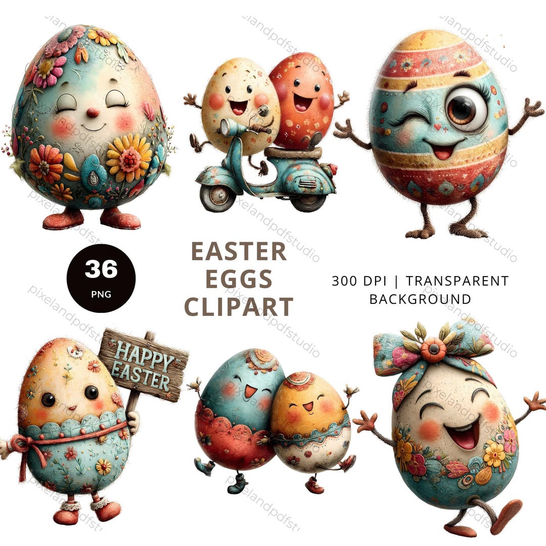 Easter Egg Clipart Bundle | Funny Cute Easter Egg Face | 36 Transparent ...