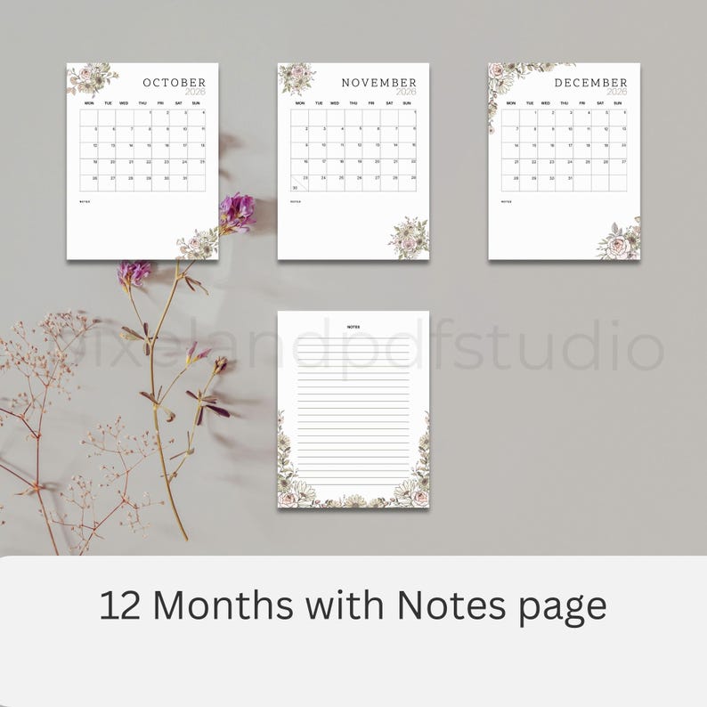 2026 Floral Printable Calendar: Minimal Botanical Monthly Planner A4 ...