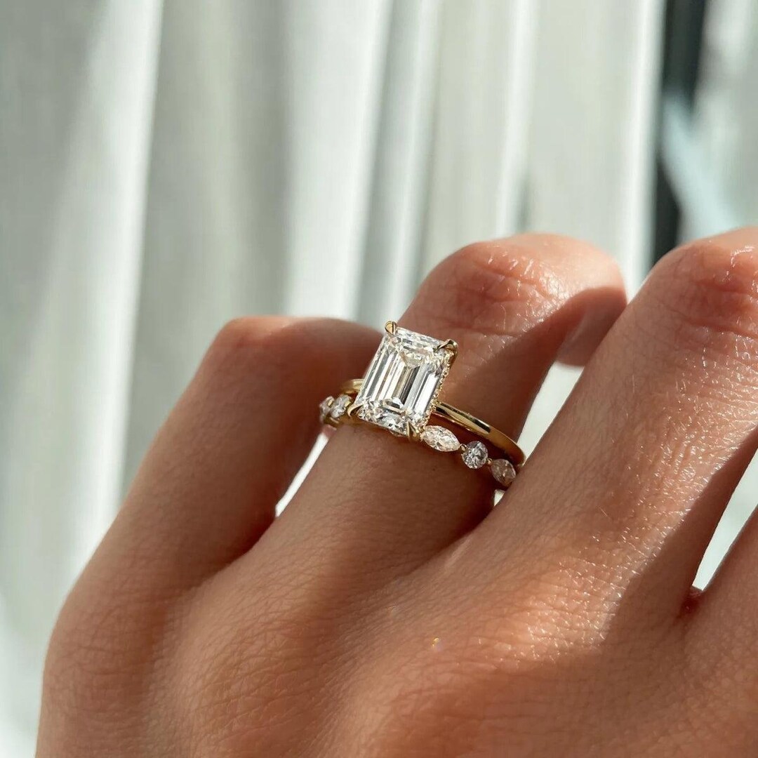 3CT Emerald Cut Moissanite Wedding Bridal Set 14k/18k White Gold Two ...