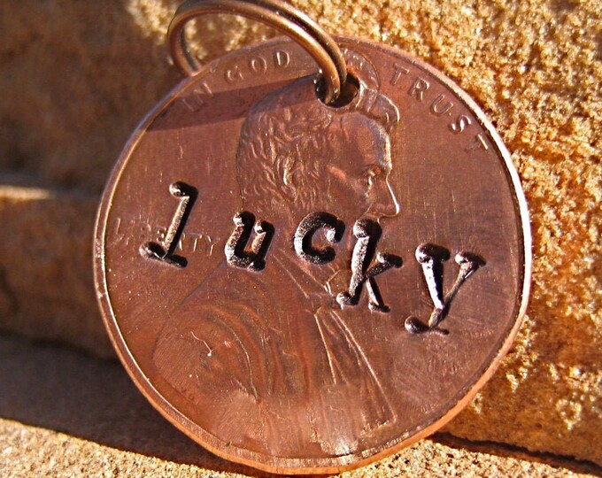 Lucky Penny (#072)- Unique Handstamped Pet ID Tag Copper Small Dog Cat ...