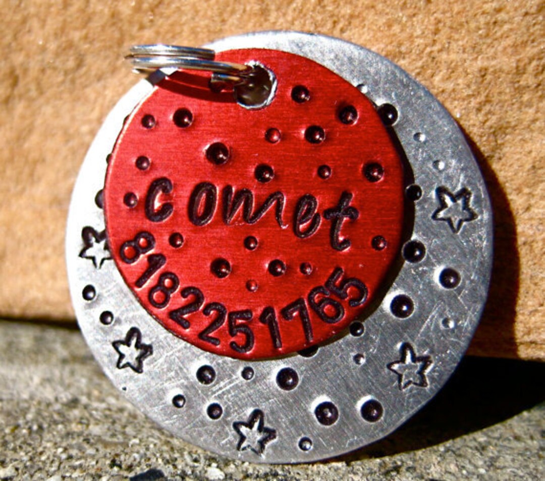 The Comet (#093) - Unique Handstamped Pet ID Tag Red Silver Aluminum ...