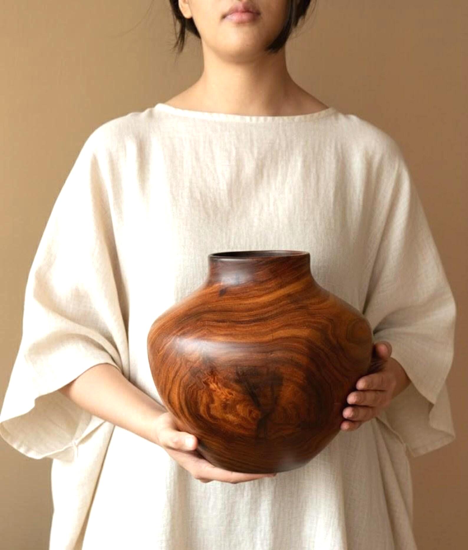 Walnut Wood Vase - Large Wooden Vase for Dried Flowers, Rustic Modern ...