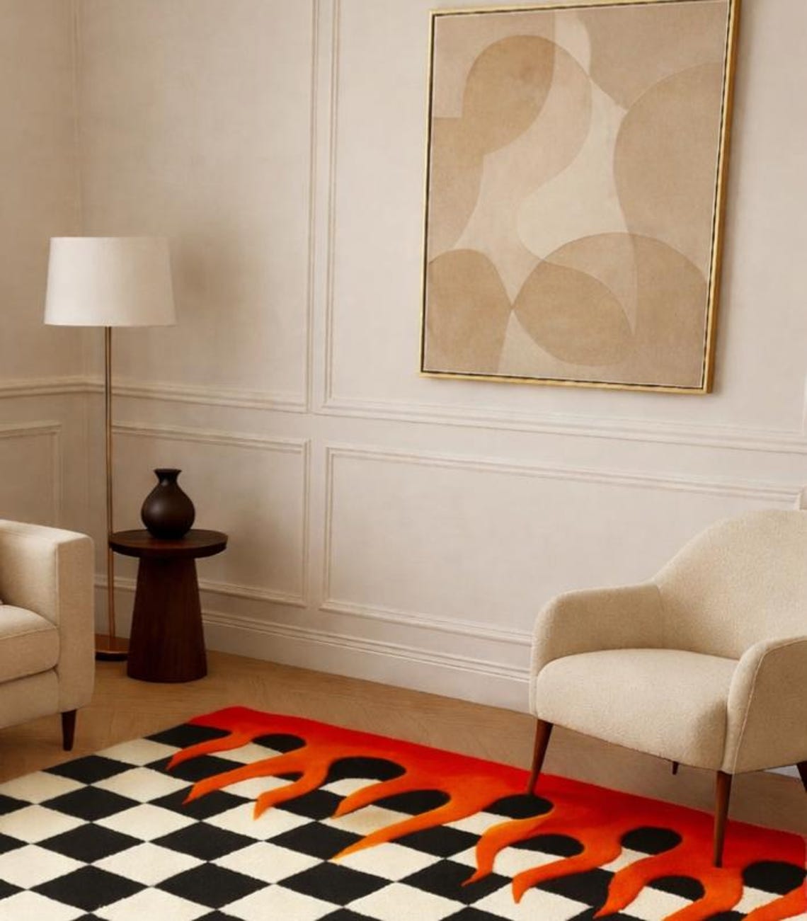 Handmade Checker Flame Rug, Black White Checkered Area Rug, Modern Fire ...
