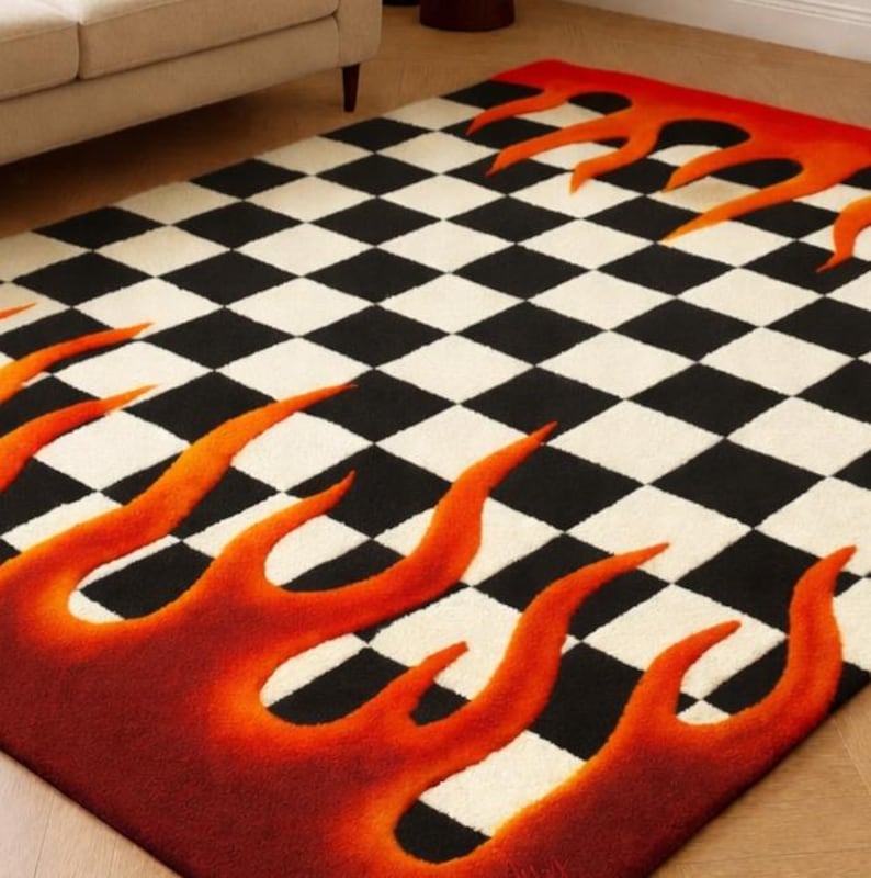 Handmade Checker Flame Rug, Black White Checkered Area Rug, Modern Fire ...