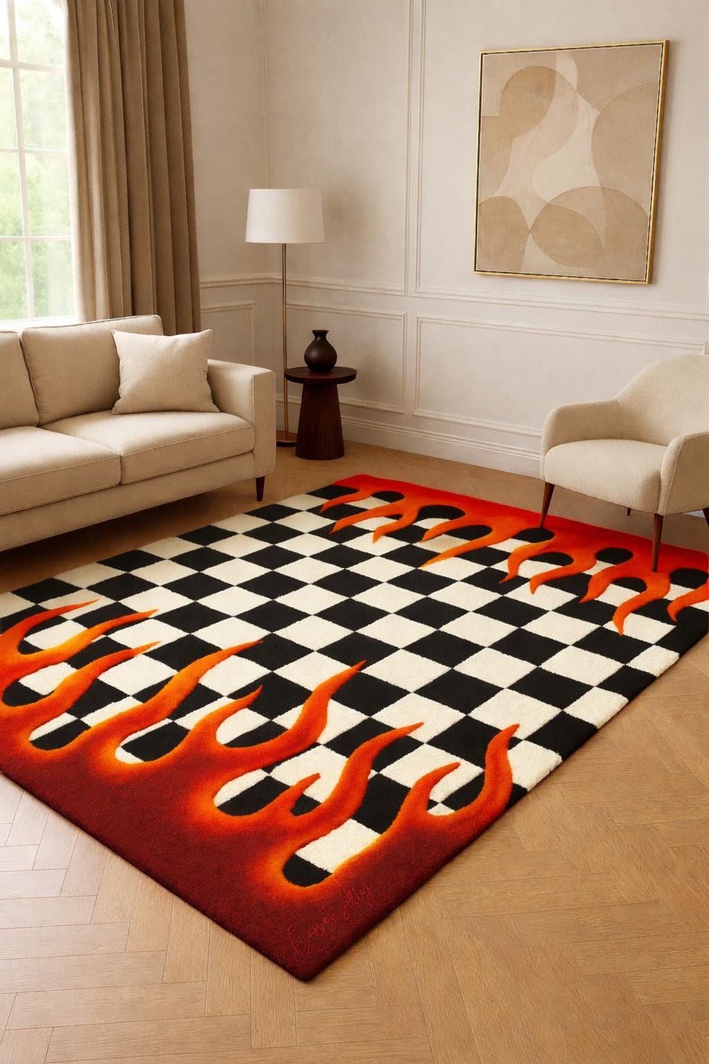 Handmade Checker Flame Rug, Black White Checkered Area Rug, Modern Fire ...