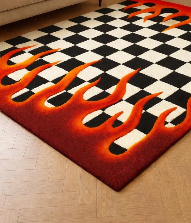Handmade Checker Flame Rug, Black White Checkered Area Rug, Modern Fire ...