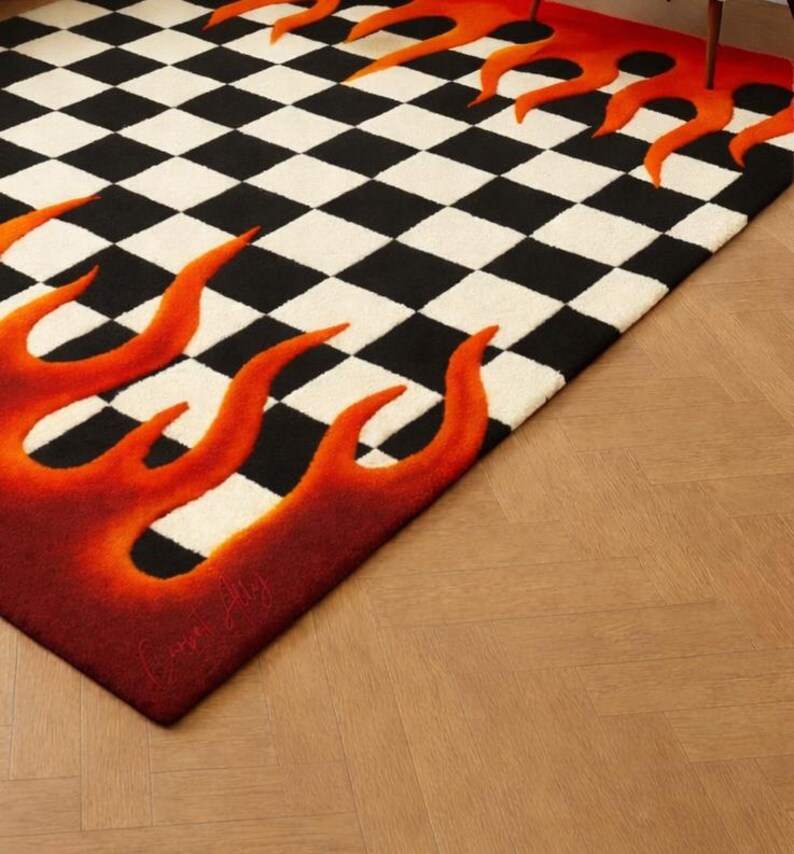Handmade Checker Flame Rug, Black White Checkered Area Rug, Modern Fire ...