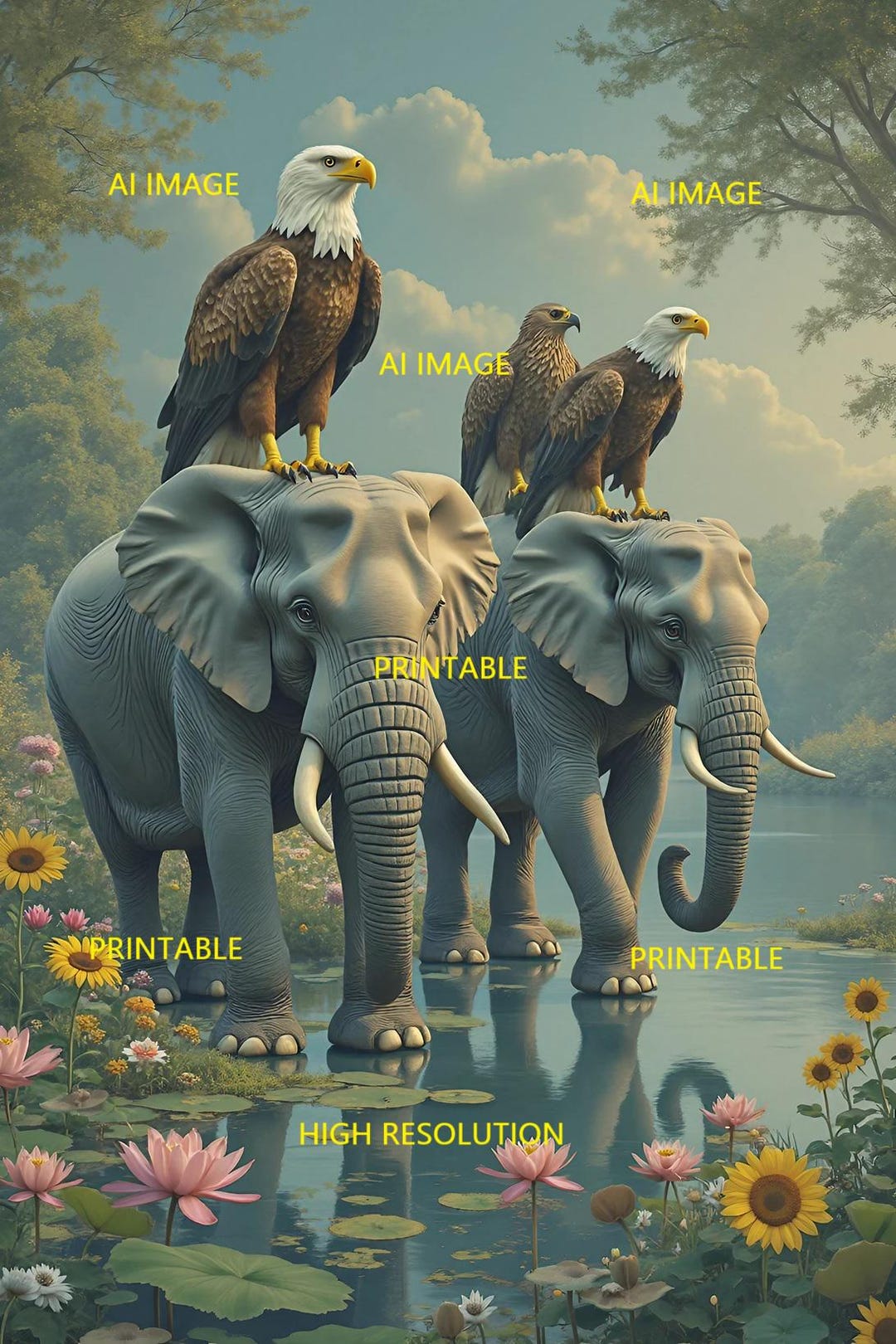 Digital Printable Picture of Eagles That Perched on Elephants - Etsy