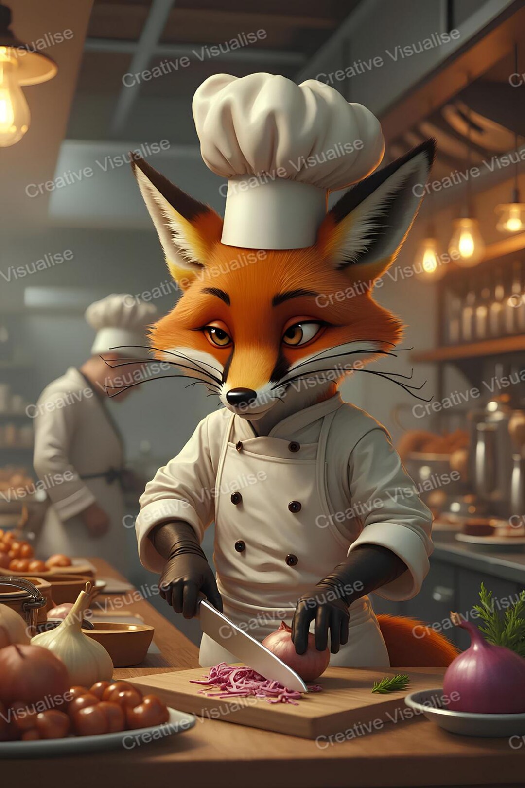Fantasy Fox Chef in Uniform Chopping Onions and Cooking in Kitchen ...