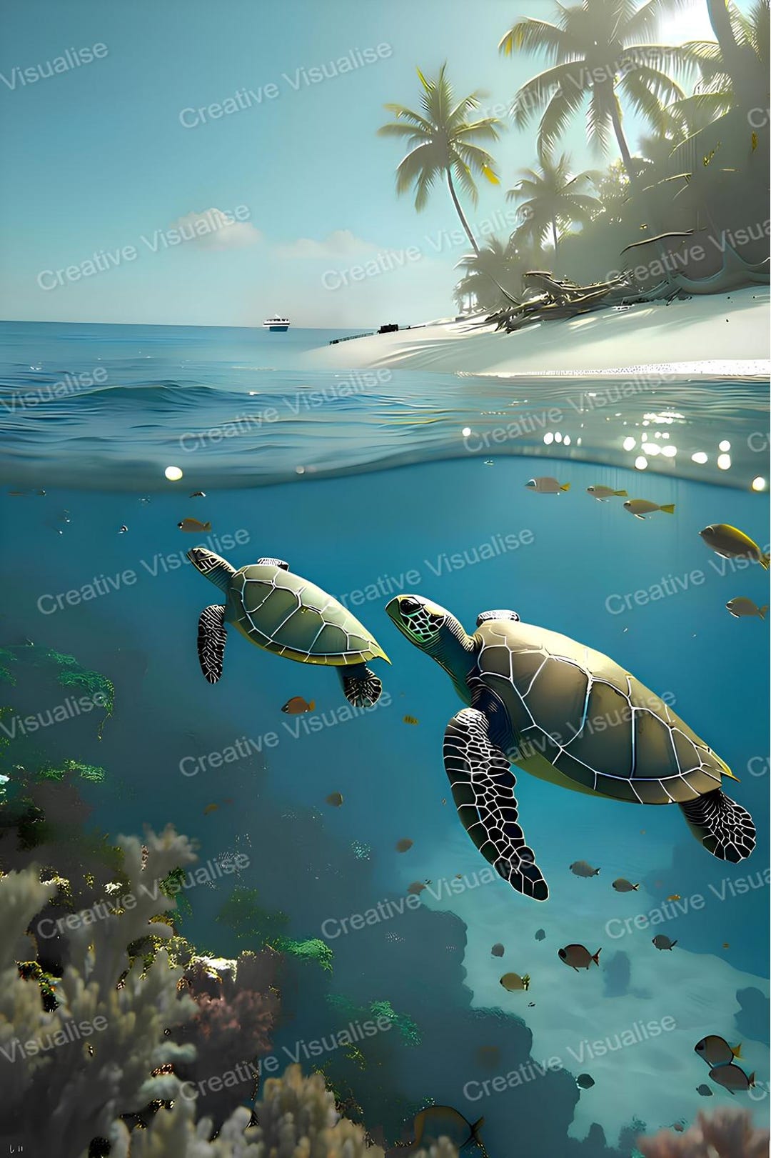 Sea Turtles Swimming in Ocean Near Palm Tree Beach – Tropical Marine ...