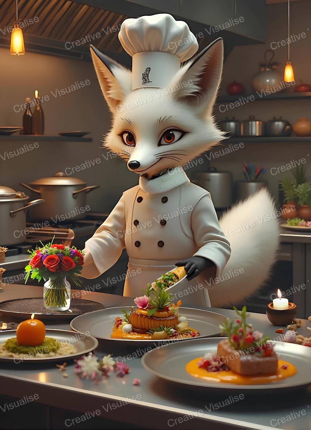 Fantasy Chef Fox Cooking in Kitchen With Chef Hat – Whimsical Culinary ...