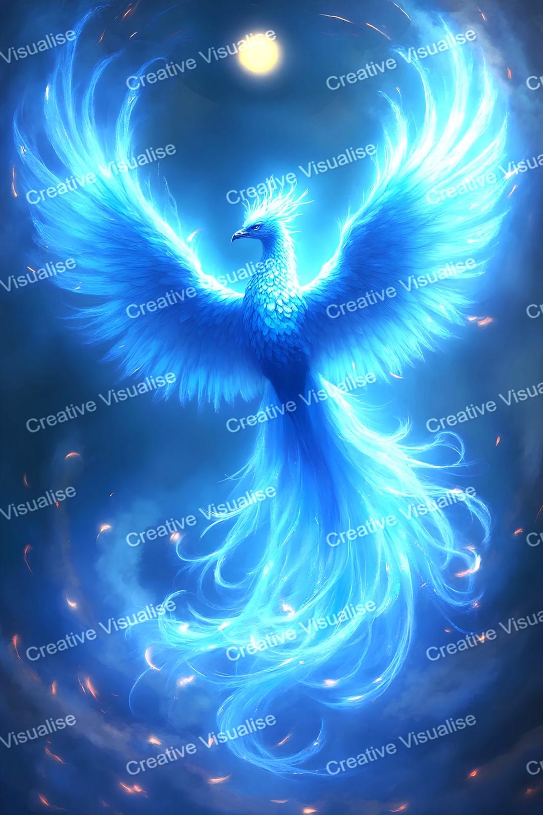 Blue Phoenix Flying at Night Beneath the Moon – Mythical Fantasy Bird ...