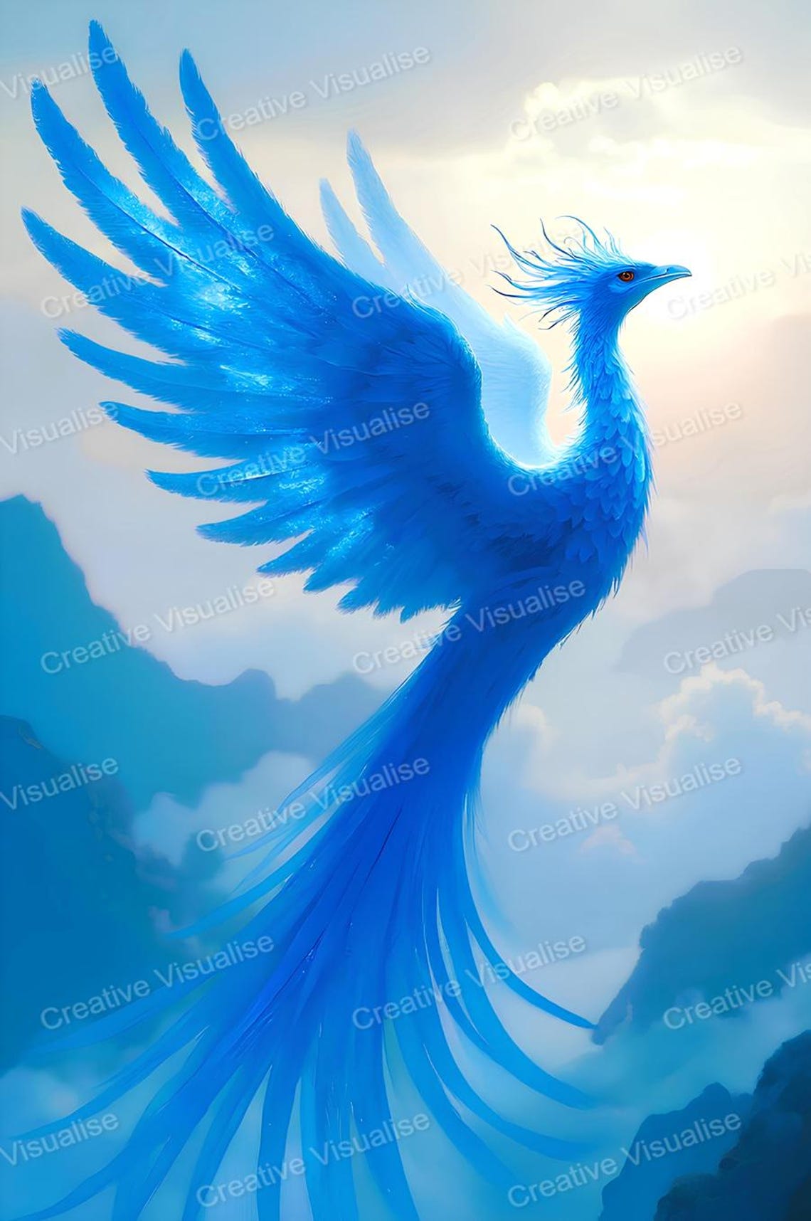 Blue Fire Phoenix Wall Art Printable | Fantasy Bird Digital Download ...