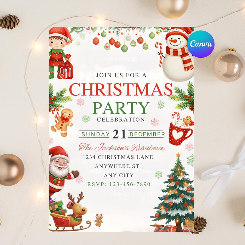 Editable Christmas Party Invitation, Santa Claus With Reindeer and ...