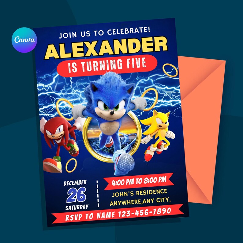 Sonic Birthday Invitation, Editable Canva Template (digital Download ...
