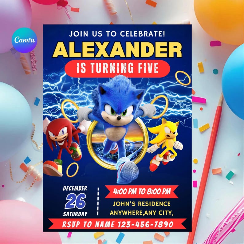 Editable Sonic the Hedgehog Birthday Invitation for Kids & Girls, Sonic ...