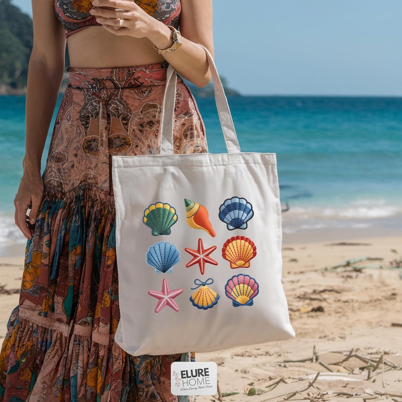 Nautical Seashell Tote Bag, Colorful Beach Shells Canvas Bag, Starfish ...