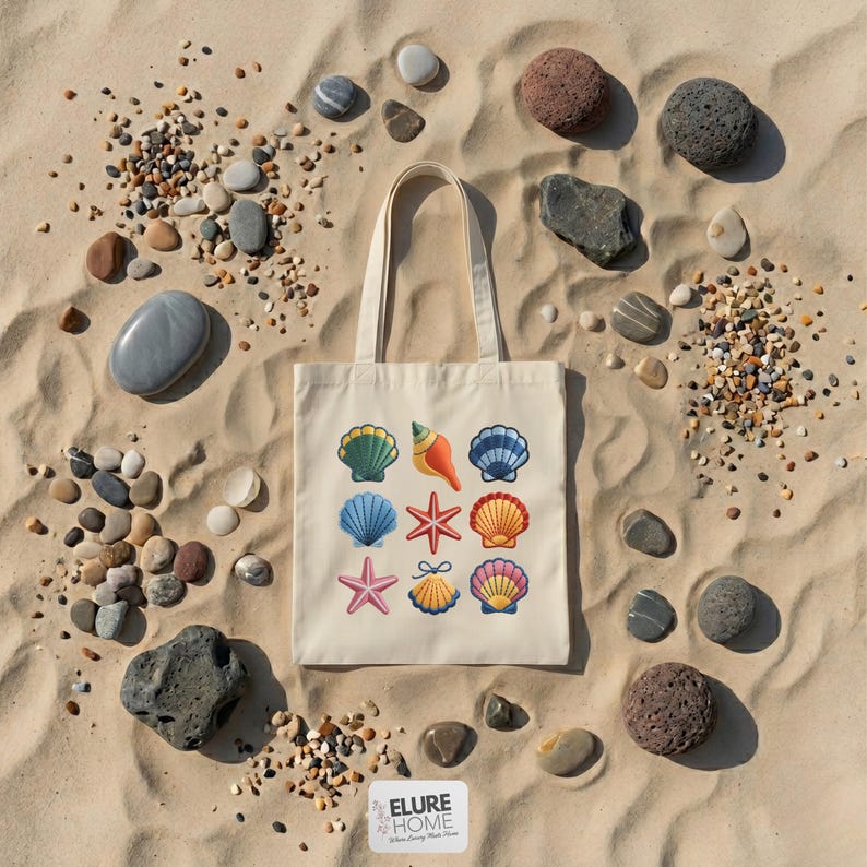 Nautical Seashell Tote Bag, Colorful Beach Shells Canvas Bag, Starfish ...