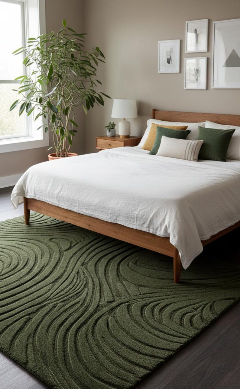 Moss Green High Low Handmade Hand-tufted Green Wool Rug, Abstract ...
