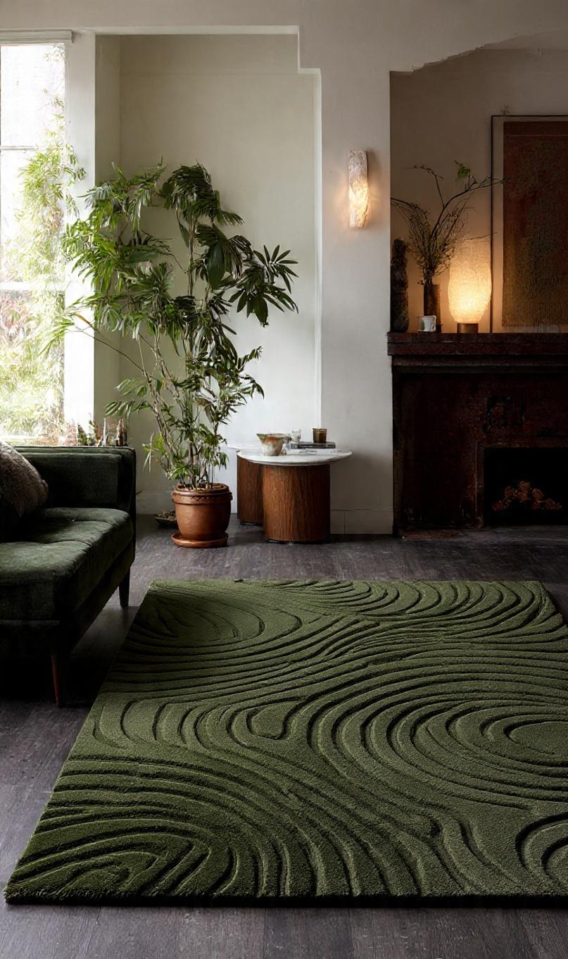Moss Green High Low Handmade Hand-tufted Green Wool Rug, Abstract ...
