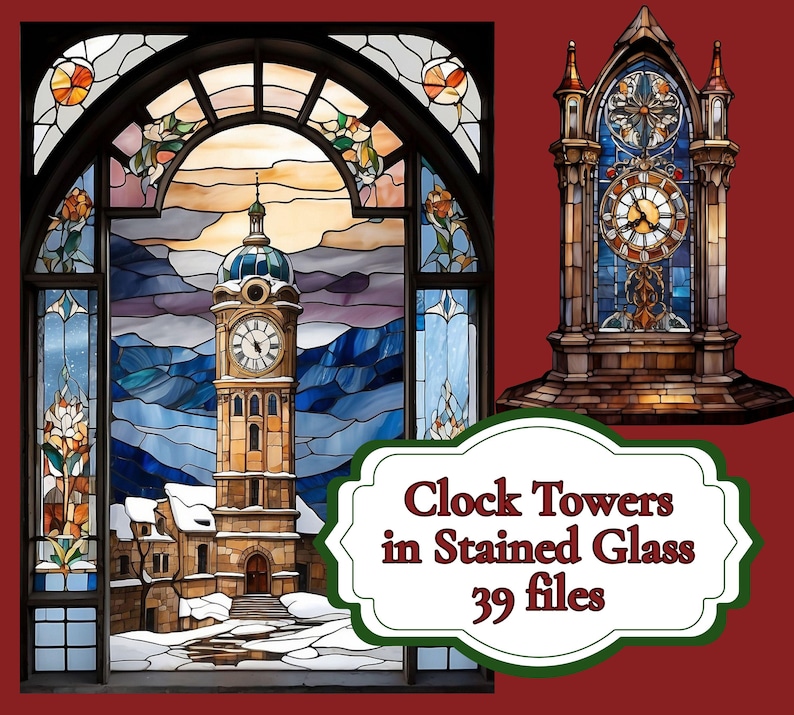 Stained Glass Clock Towers Bundle – Cathedral Style Timepieces, Vintage ...