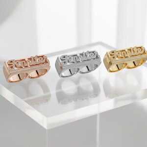 Custom Two Finger Name Ring, Personalized Gold Double Band Ring ...