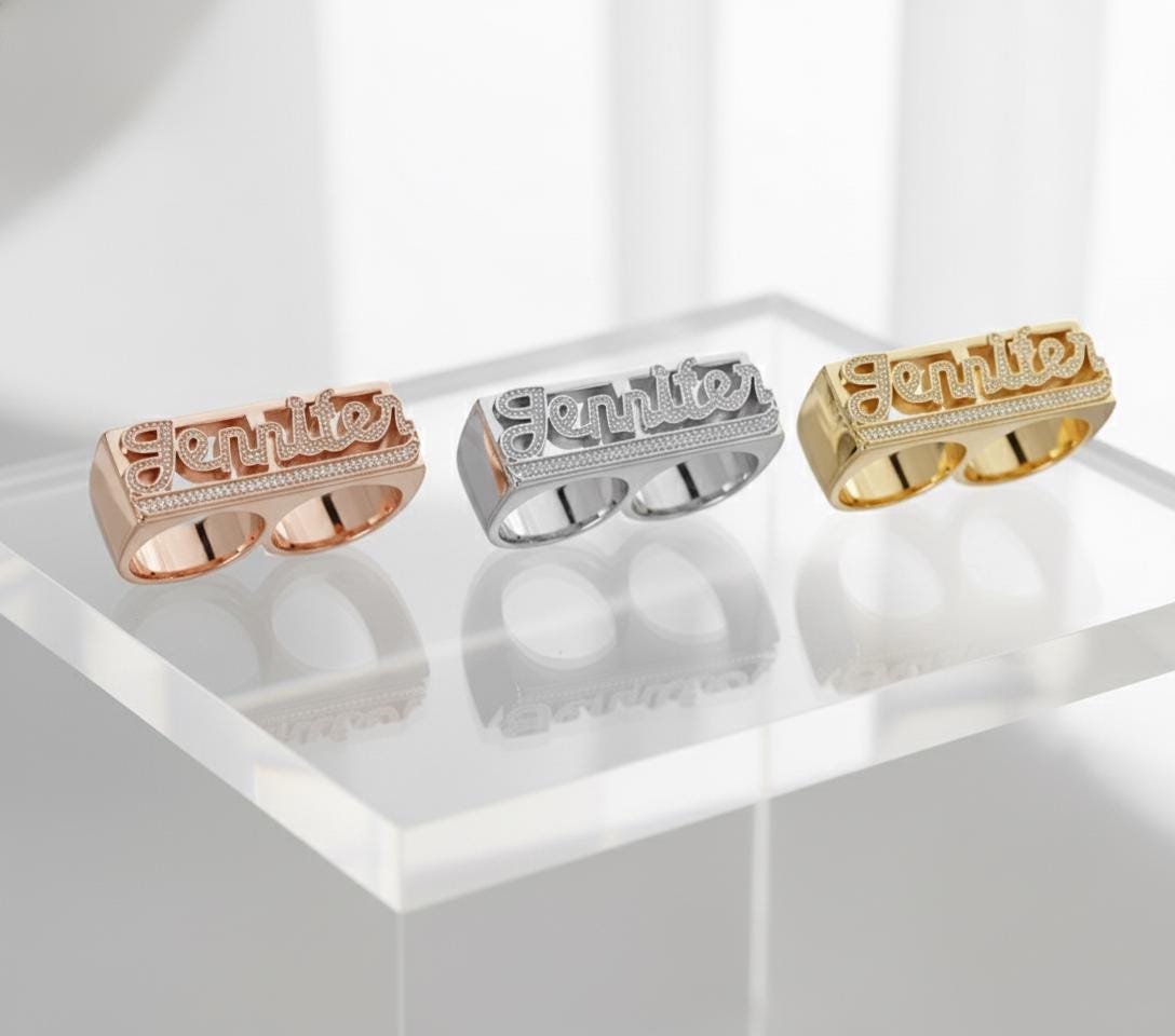 Custom Two Finger Name Ring, Personalized Gold Double Band Ring ...