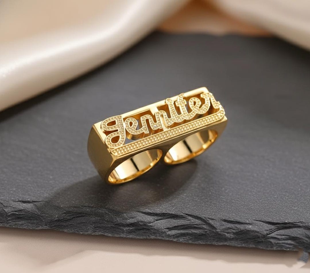 Custom Two Finger Name Ring, Personalized Gold Double Band Ring ...