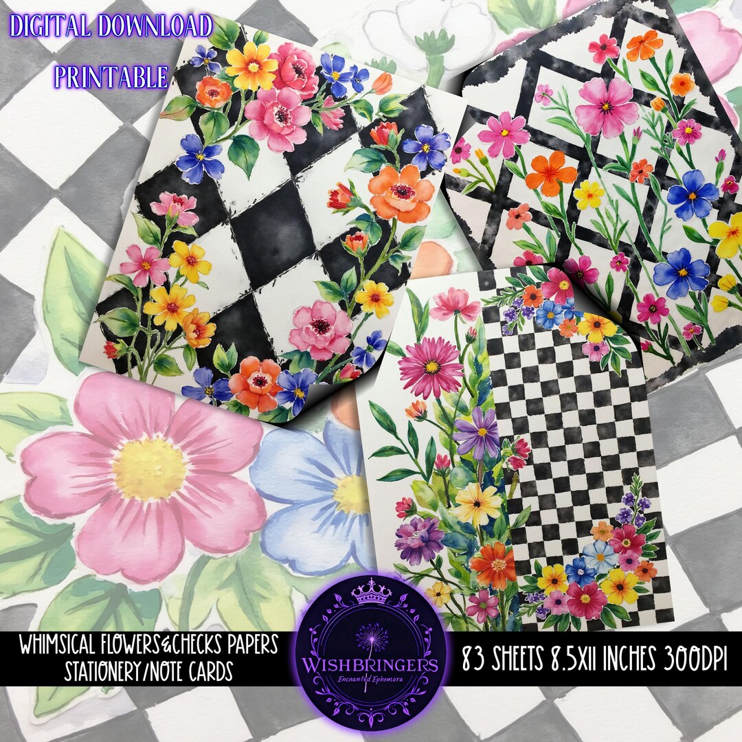 Whimsical Flowers & Checks Papers Instant Download 83 Full-size Sheets ...