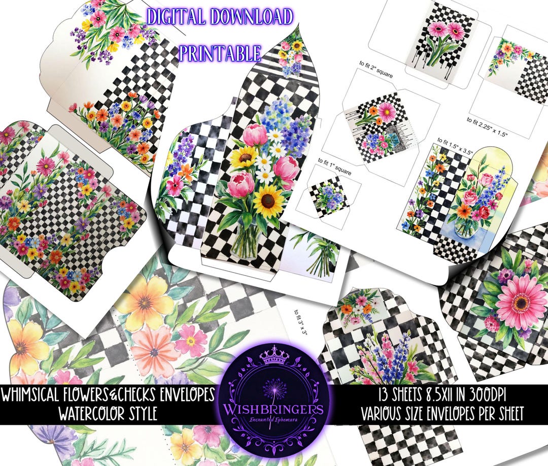 Whimsical Flowers & Checks: Watercolor Envelopes Printable Digital ...