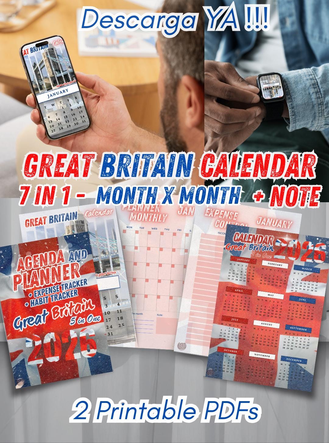 22 2026 Britain Calendar Printable PDF – 7 in 1 Planner – Spanish ...