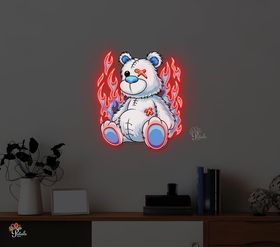 Fire Teddy Bear Neon Sign – LED Pop Art, Goth Plushie and Kids Room ...