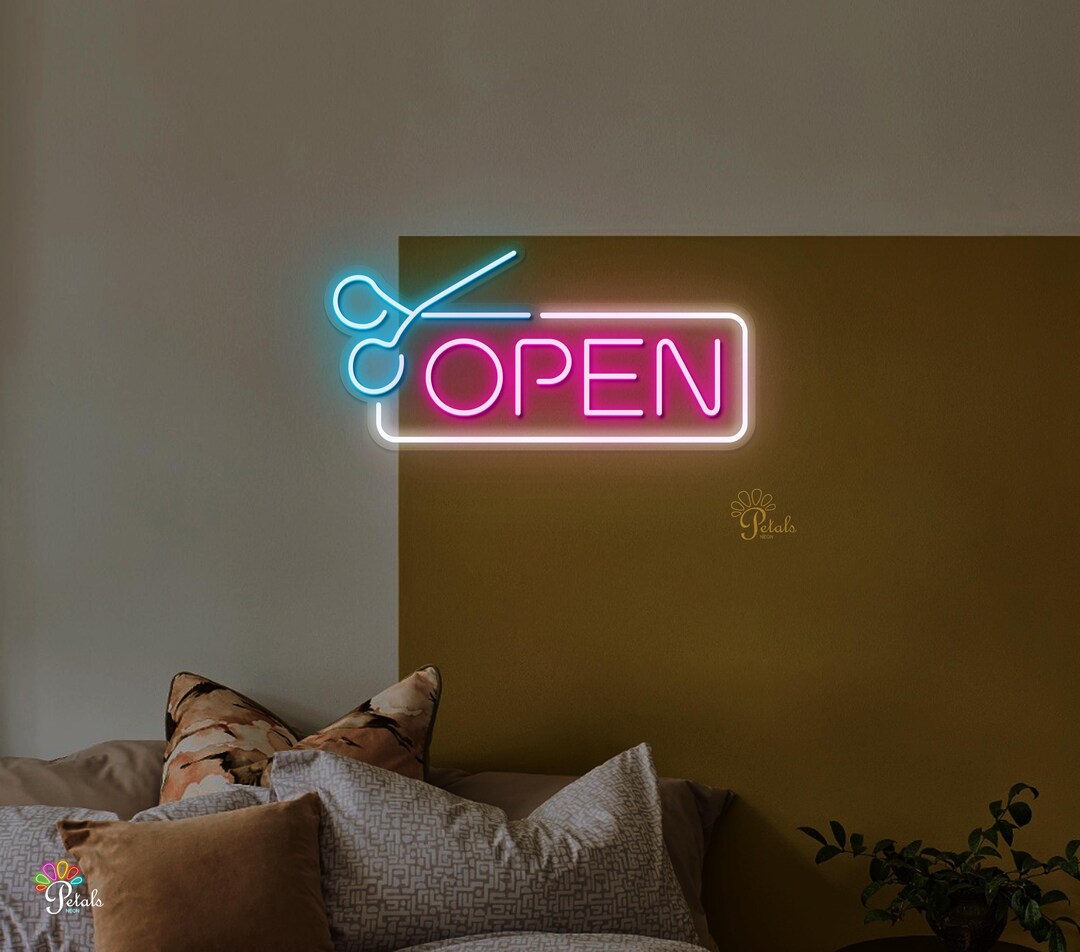 OPEN Neon Sign With Scissor - LED Light for Hair Salon or Barber Shop ...